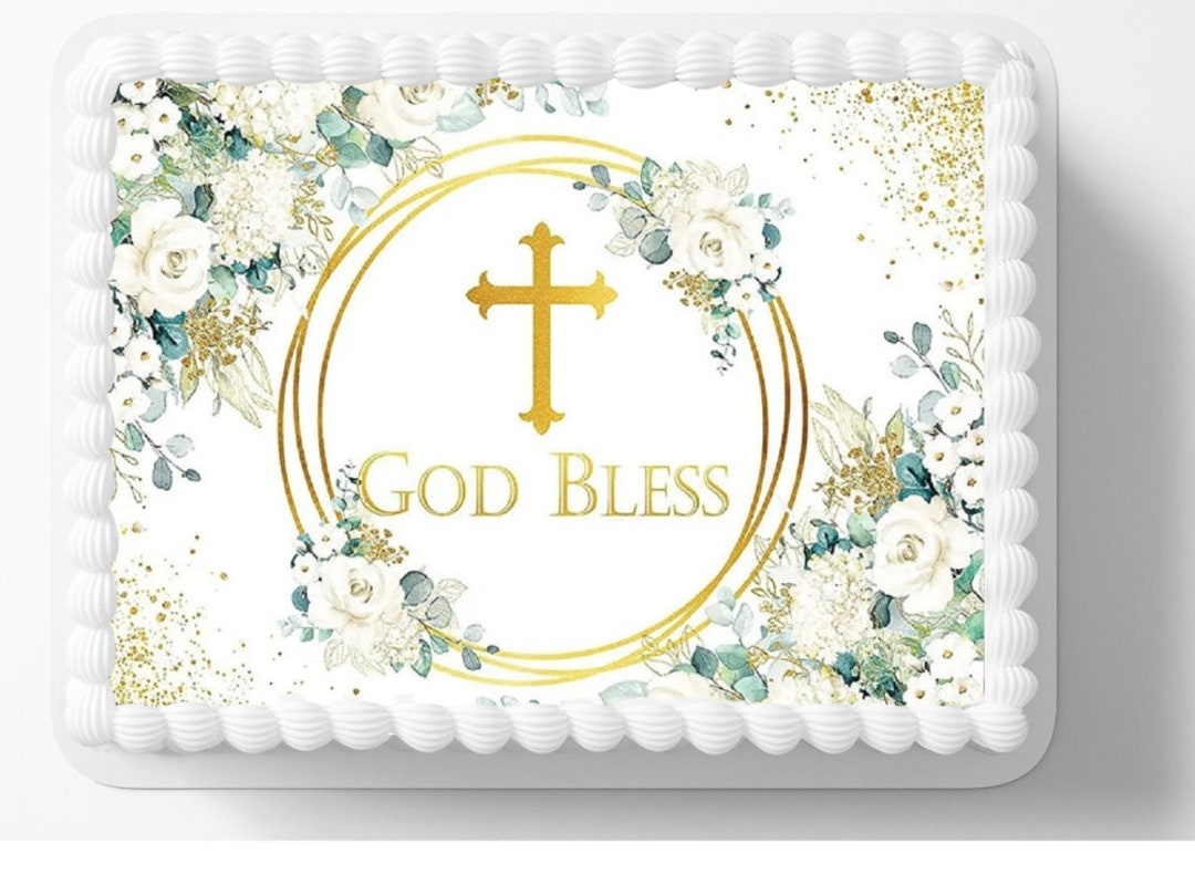 Personalized Baptism Mi Bautizo God Bless Gold Cross Image Edible Cake ...