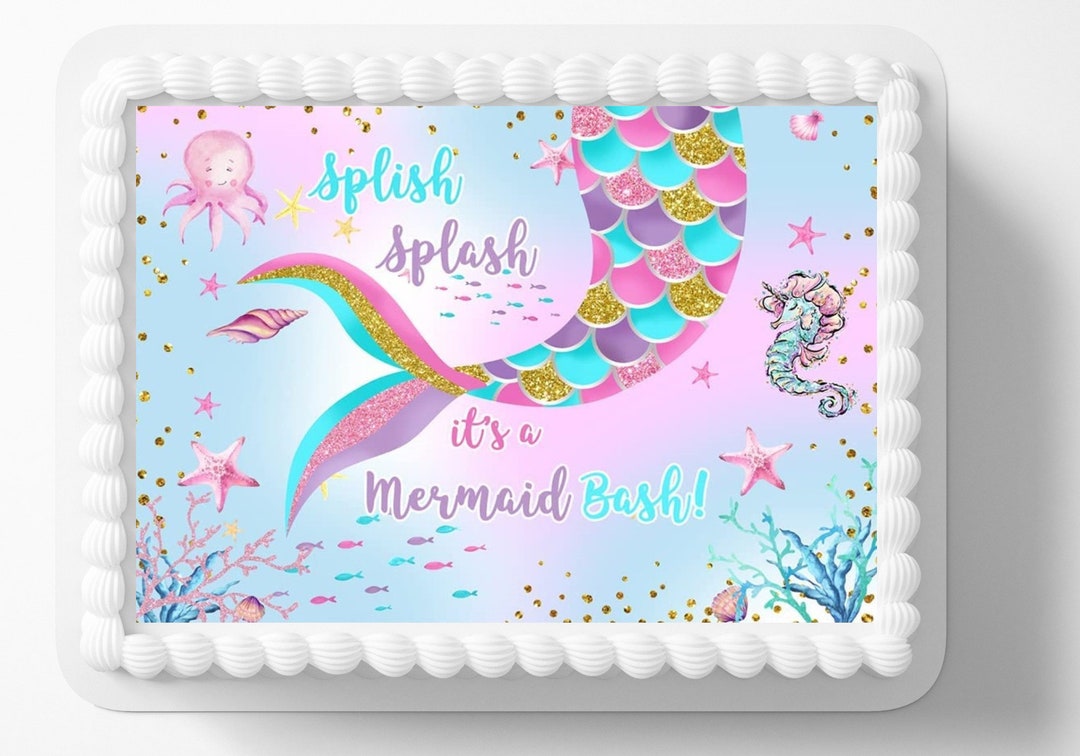 Mermaid Mermaid Splash Party Themed Pool Birthday Party Cake Topper Frosting Sheet Icing ...