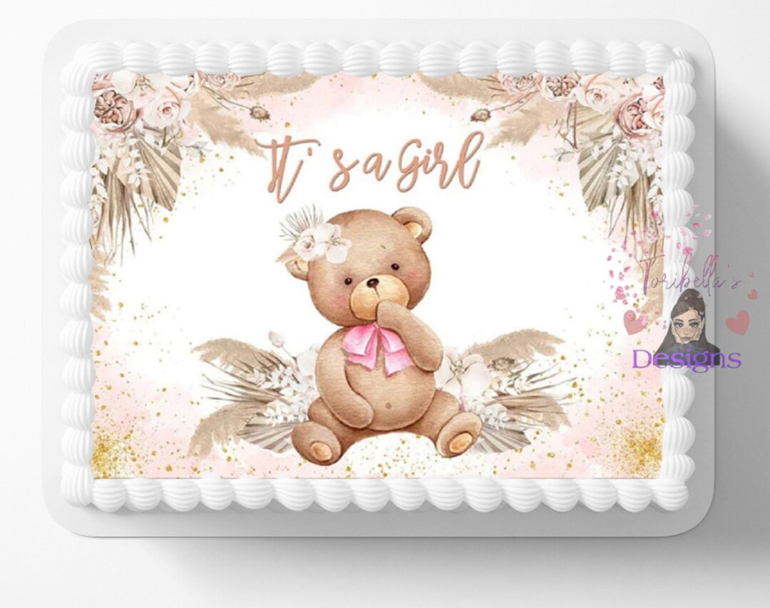 It's A Girl Cute Baby Bear Edible Image Pink Baby Shower Birthday Party ...