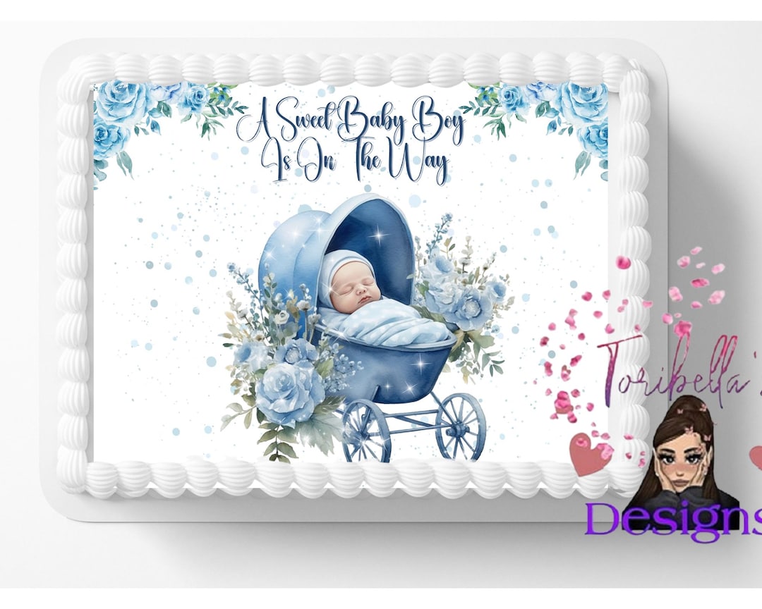 Sweet Baby Boy Edible Image Blue Baby Carriage Baby Shower Party Edible ...