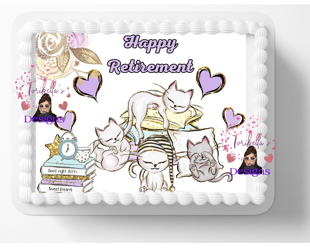 Happy Retirement Cute Lazy Cats Design Edible Image, Birthday Party ...
