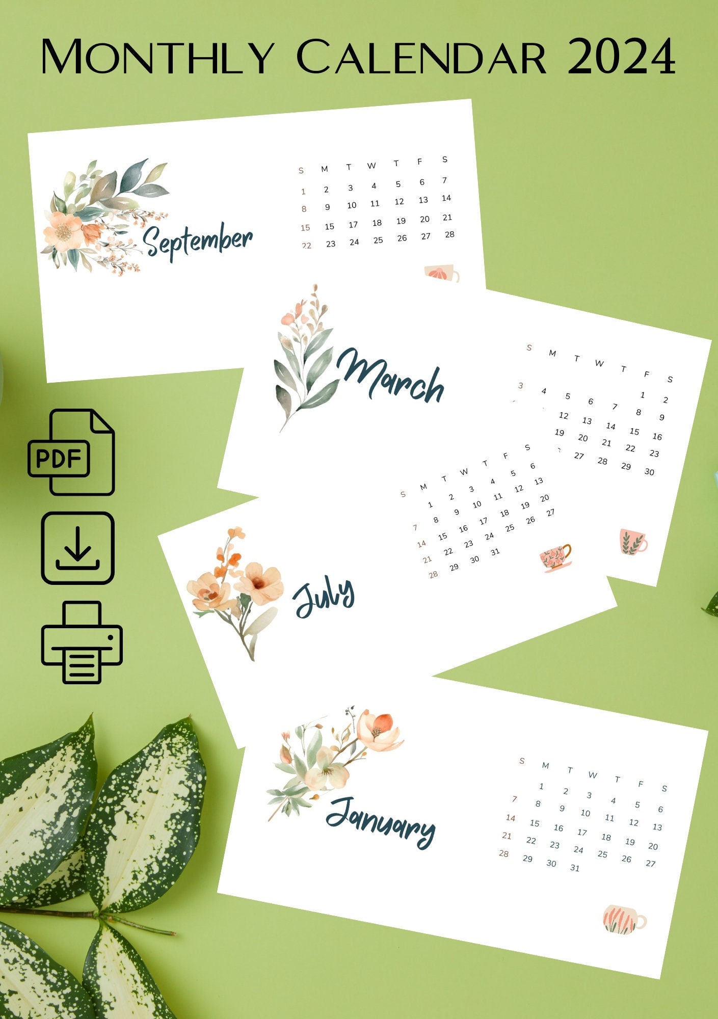 Printable Monthly Calendar 2024 Landscape and Portrait Format. - Etsy