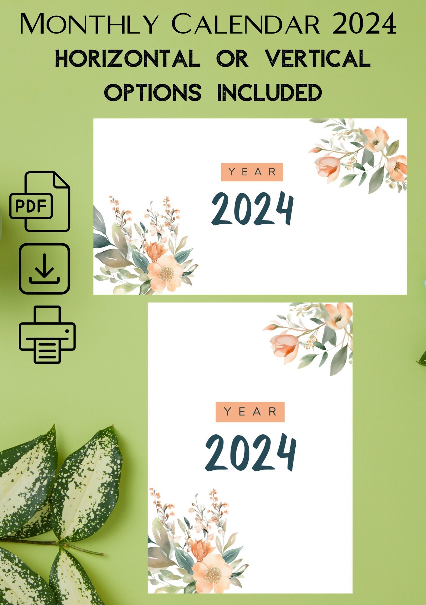 Printable Monthly Calendar 2024 Landscape and Portrait Format. - Etsy