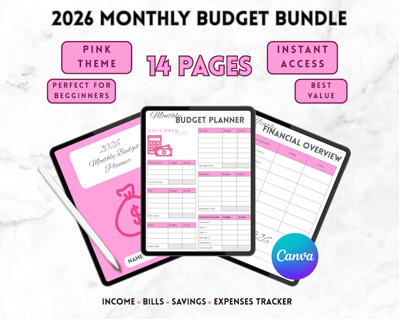 2026 Monthly Budget Financial Planner Bundle Pink Budgeting Worksheet ...