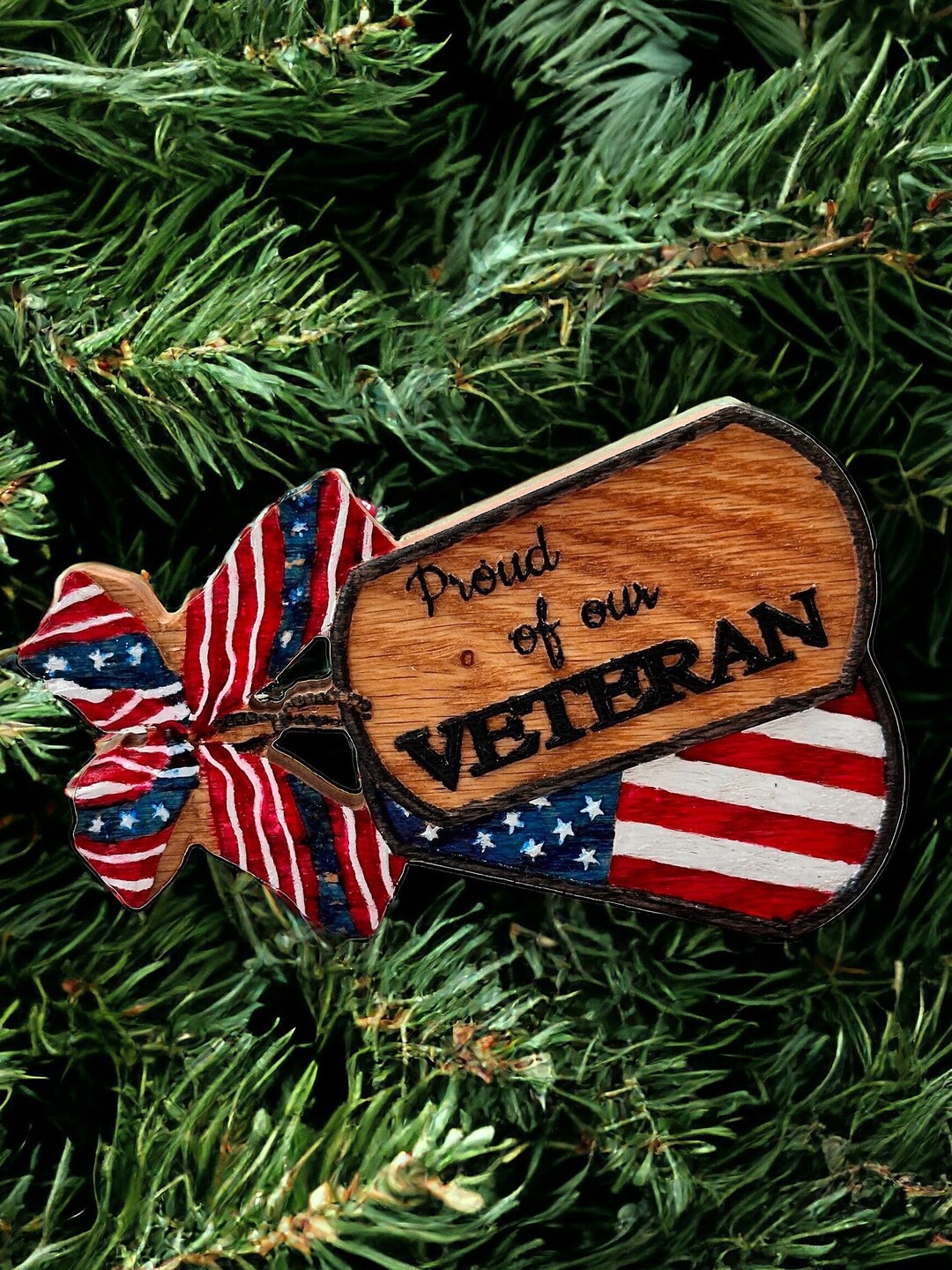Proud Veteran, Military Decor, Dog Tags, Americana Flag, Wooden Ribbon ...