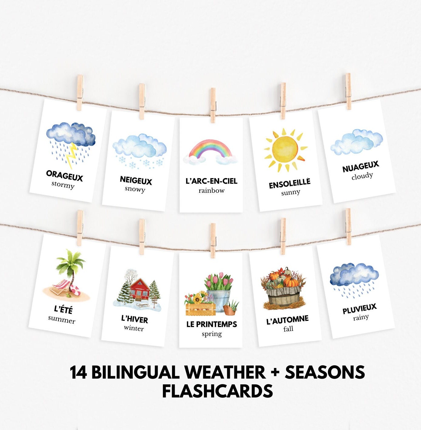 French-english Bilingual Weather and Seasons Flashcards, Flashcards ...