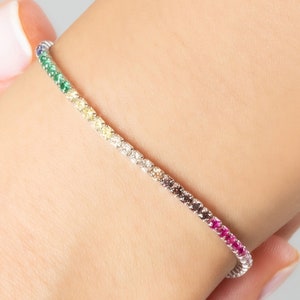 Silver Rainbow CZ Tennis Bracelet in 18K Gold, Colorful CZ Diamond ...