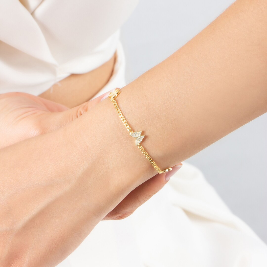 Silver Gold Chain Butterfly Bracelet, 18K Gold Plated Butterfly CZ Bracelet, Curb Chain ...