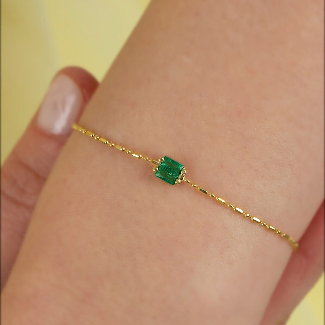 Minimalist Silver Emerald CZ Bracelet in 18K Gold, Delicate May ...