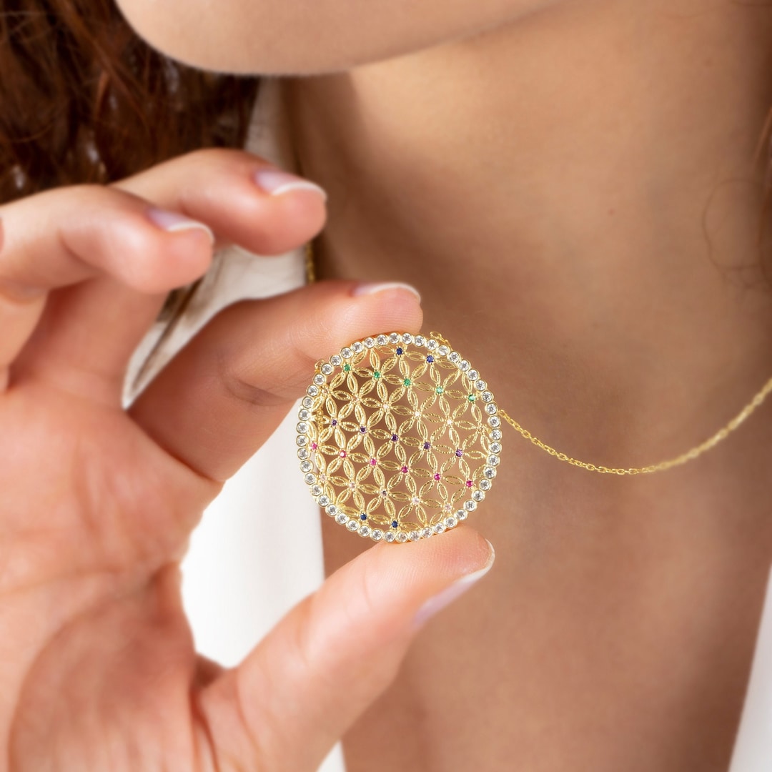 Silver Cycle of Life Necklace in 18K Gold, Colorful Flower of Life ...