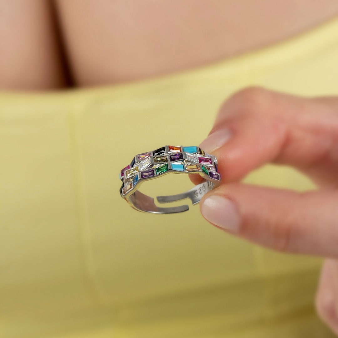 Sterling Silver Rainbow CZ Ring, Adjustable Rainbow CZ Diamond Ring ...