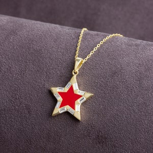 Silver Baguette Diamond Star Necklace, 18K Gold Plated Red Star Pendant ...