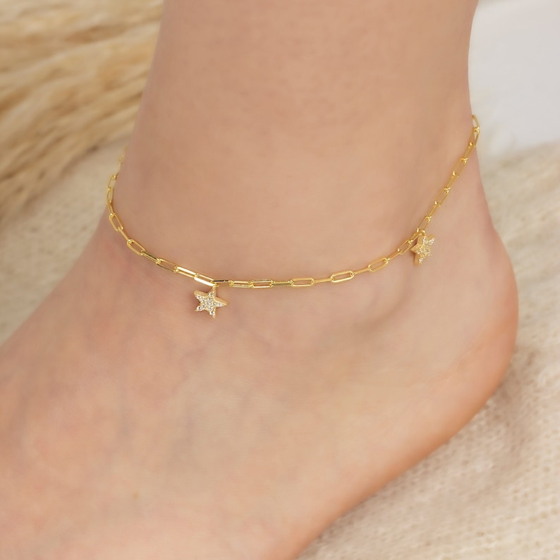 Silver Dangling Stars Anklet in 18K Gold, Dangle Stars Ankle Bracelet ...