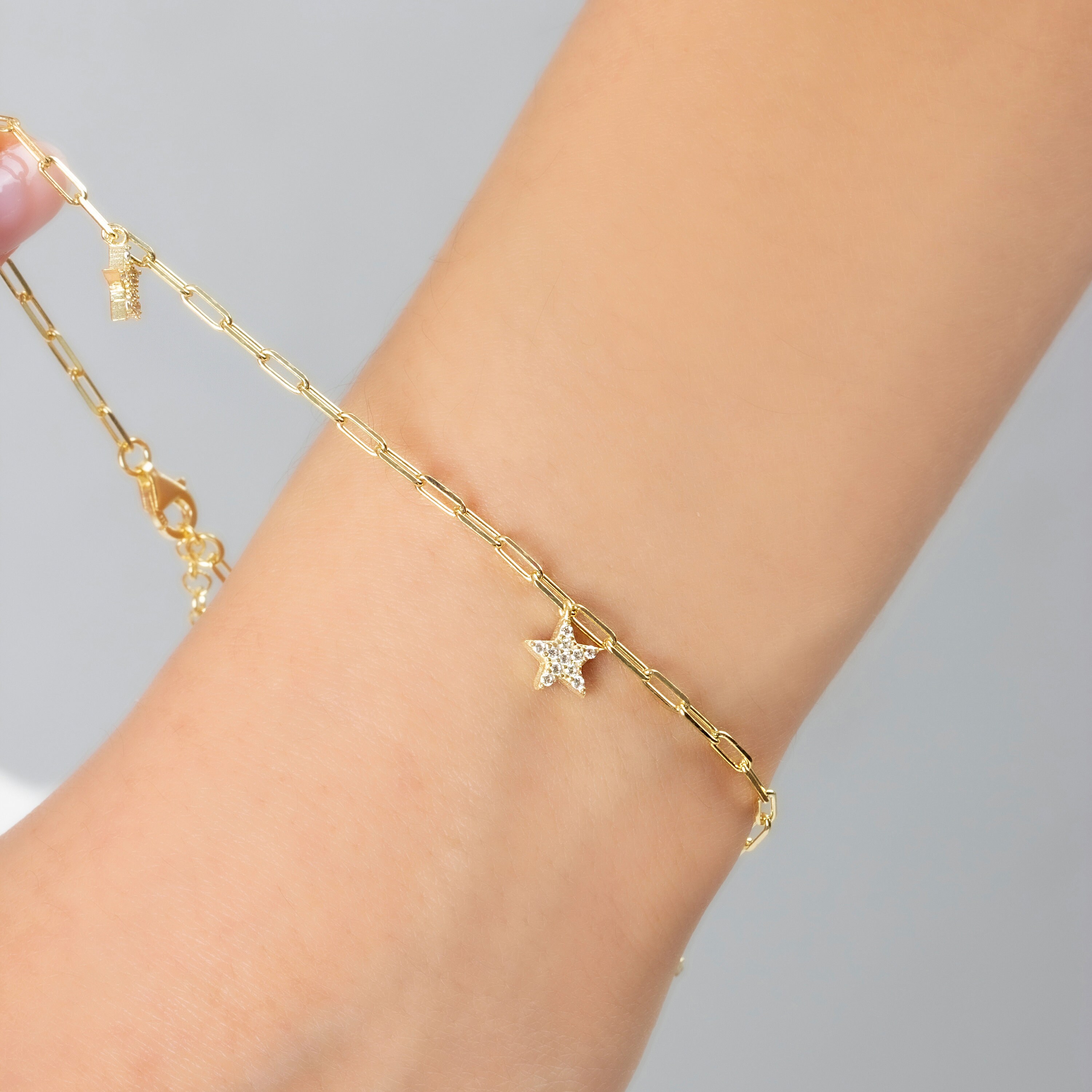 Silver Dangling Stars Anklet in 18K Gold, Dangle Stars Ankle Bracelet ...