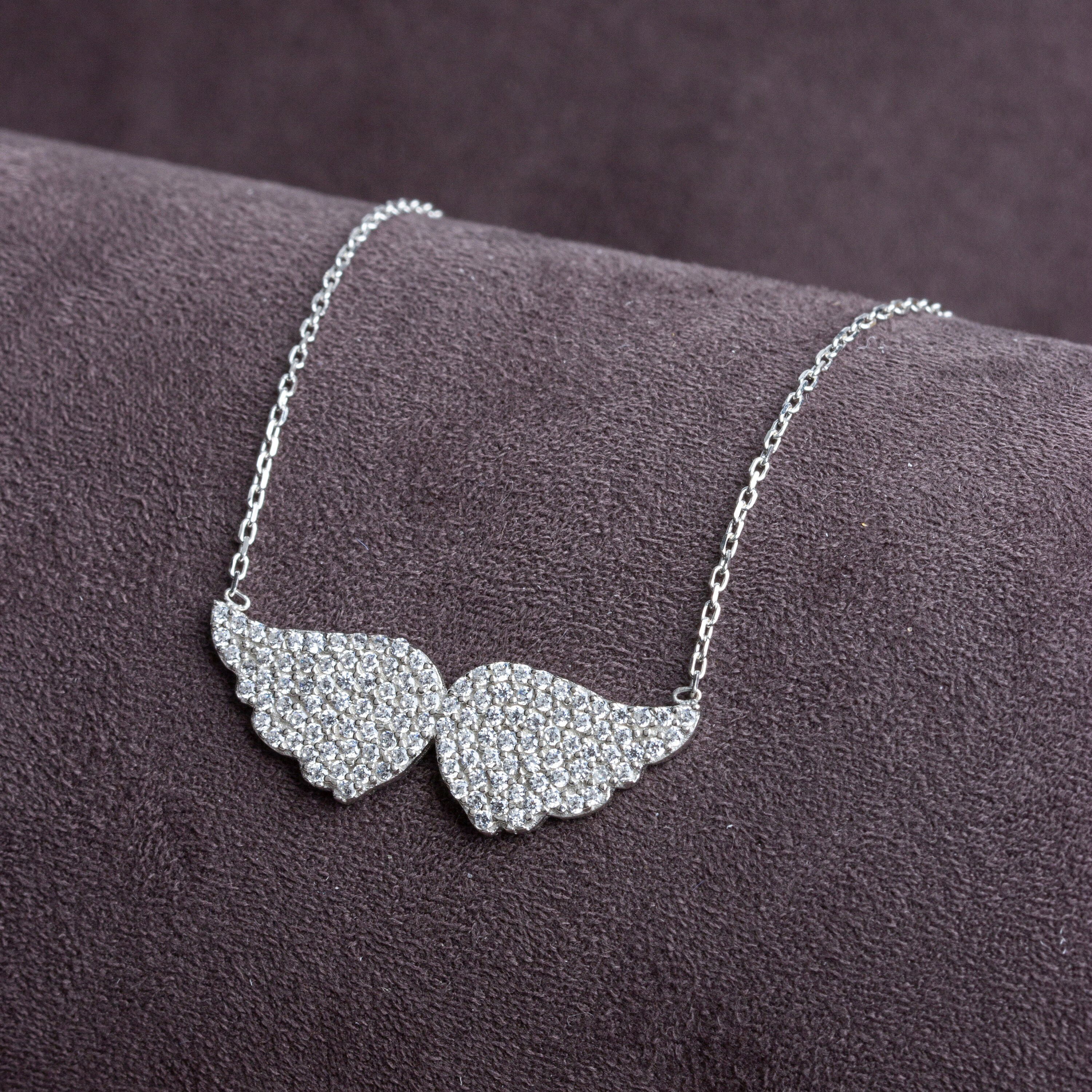 Silver Guardian Angel Wings Necklace, Pave CZ Angel Wings Pendant ...