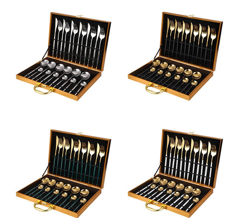 24pcs Gold Rose Gold Rainbow Black Pink Dinnerware Stainless Steel ...