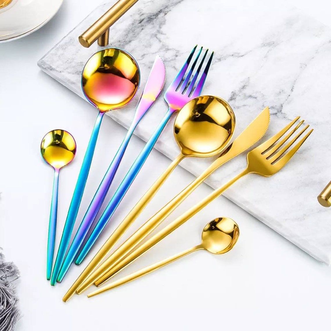 24pcs Gold Rose Gold Rainbow Black Pink Dinnerware Stainless Steel ...