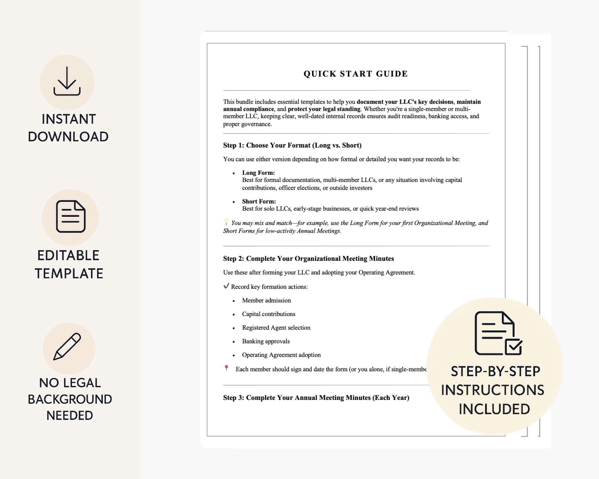 Single Member LLC Meeting Minutes Template | Editable Annual, Initial ...
