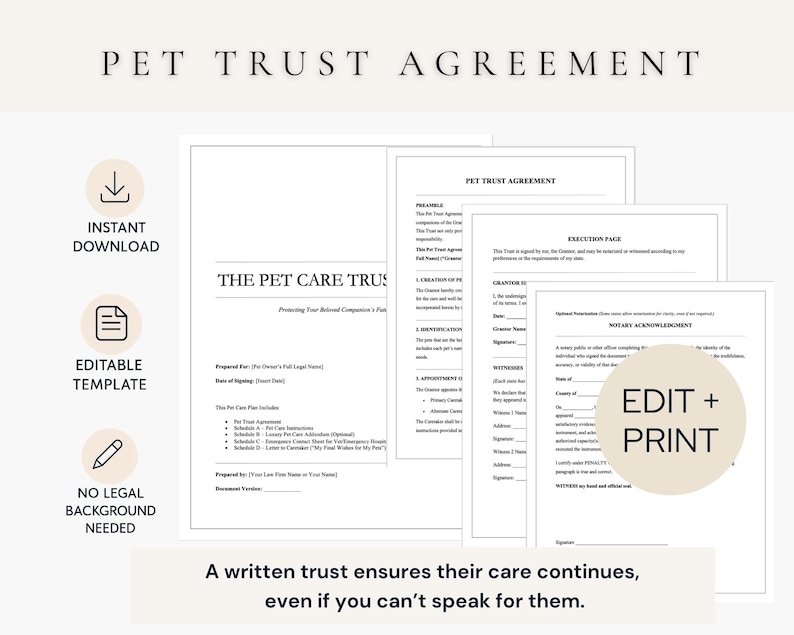 Pet Trust Agreement | Pet Estate Plan, Guardian Form, Emergency Pet ...