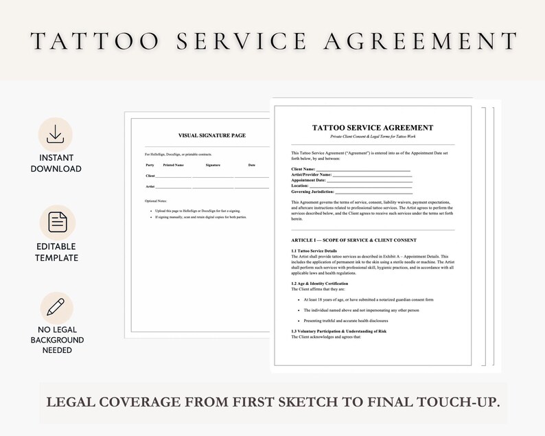 Tattoo Consent and Service Form | Editable Studio Waiver, Client ...
