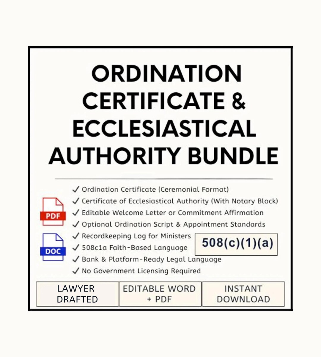 508c1a Ordination Certificate & Ecclesiastical Authority, Minister ...