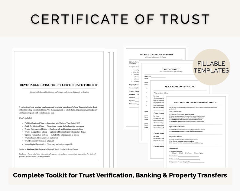 Trust Certificate Bundle: Certificate of Trust, Bank & Title Forms ...