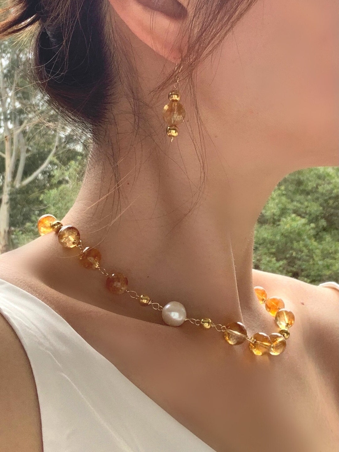 Beautiful Citrine Fresh-water Pearl Necklace, Genuine Natural Citrine ...