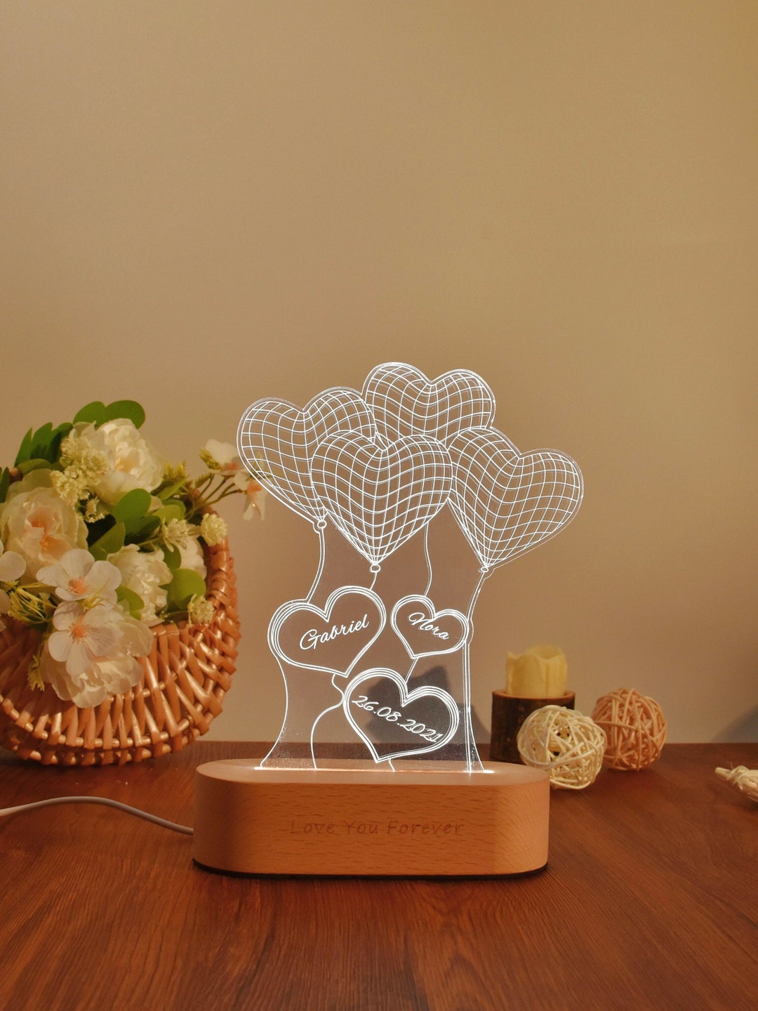 Heart Acrylic Led Night Light, Personalized 3D Printed Lamp, Custom ...