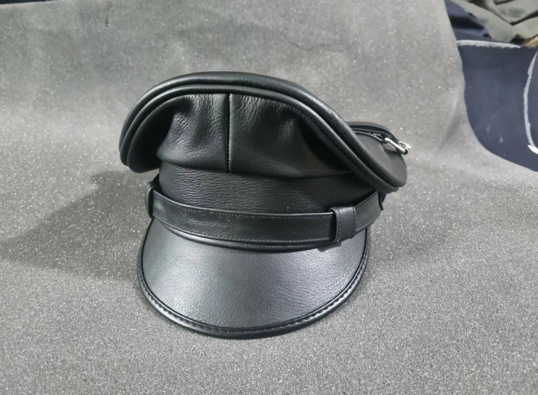 Genuine Full Leather Black Army Muir Biker Peaked Police Gay Bluf Cap ...