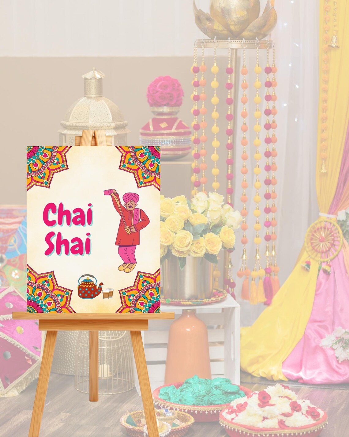 Chai Shai Sign | Editable Canva Template for South Asian Wedding, Mehndi, Sangeet, or Chai ...