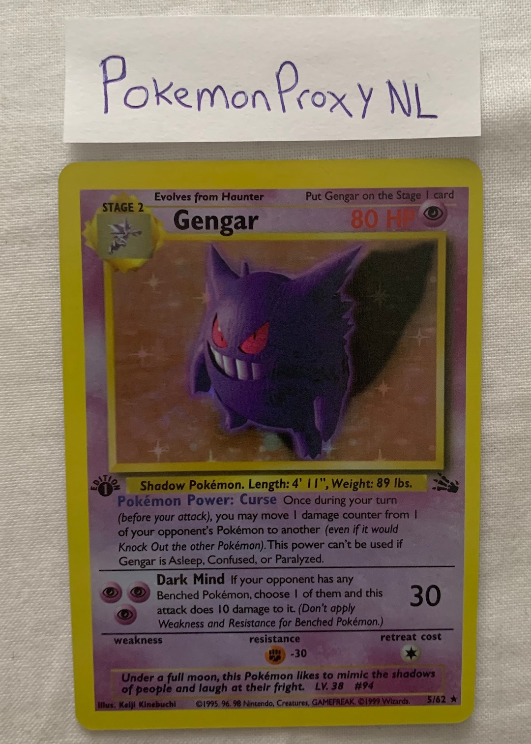 Gengar 1e V.1 / Fossil Set / 5/62 / 1999 / PROXY Pokémon-kaart - Etsy