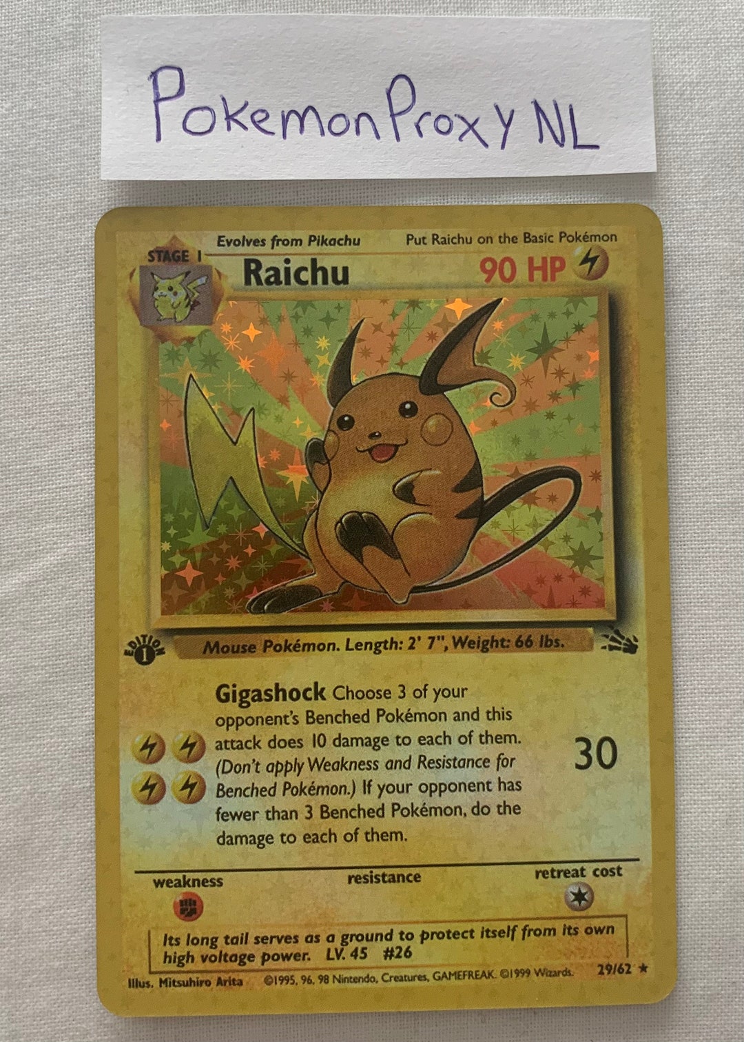 Raichu 1st / Fossil Set / 29/62 / 1999 / PROXY Pokémon Card - Etsy
