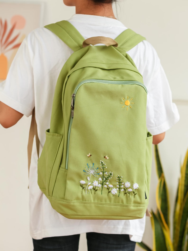 Pastel Green Backpack Embroidered Wildflower Garden With Bees ...