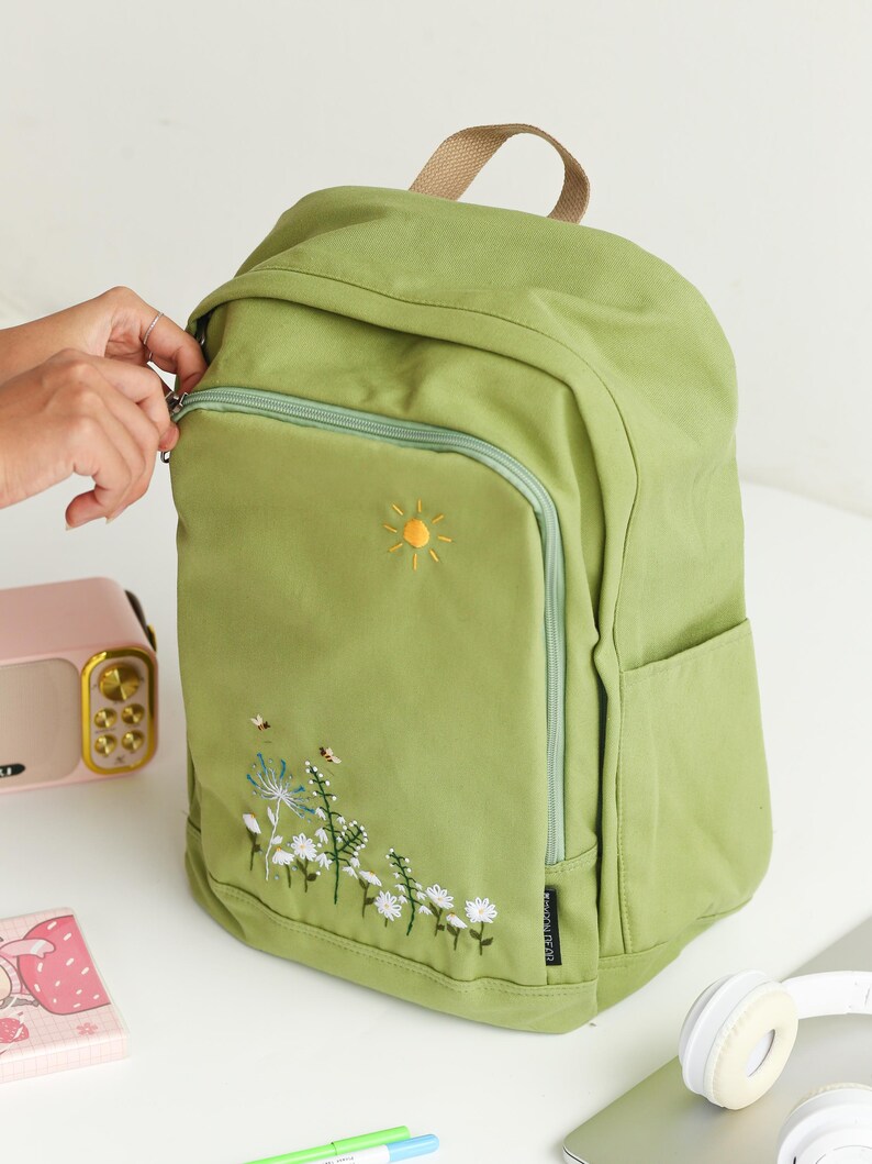 Pastel Green Backpack Embroidered Wildflower Garden With Bees ...