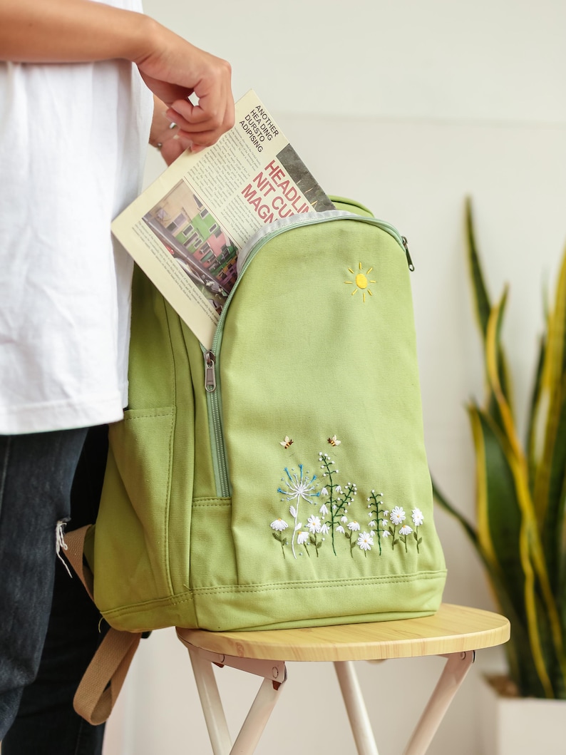 Pastel Green Backpack Embroidered Wildflower Garden With Bees ...