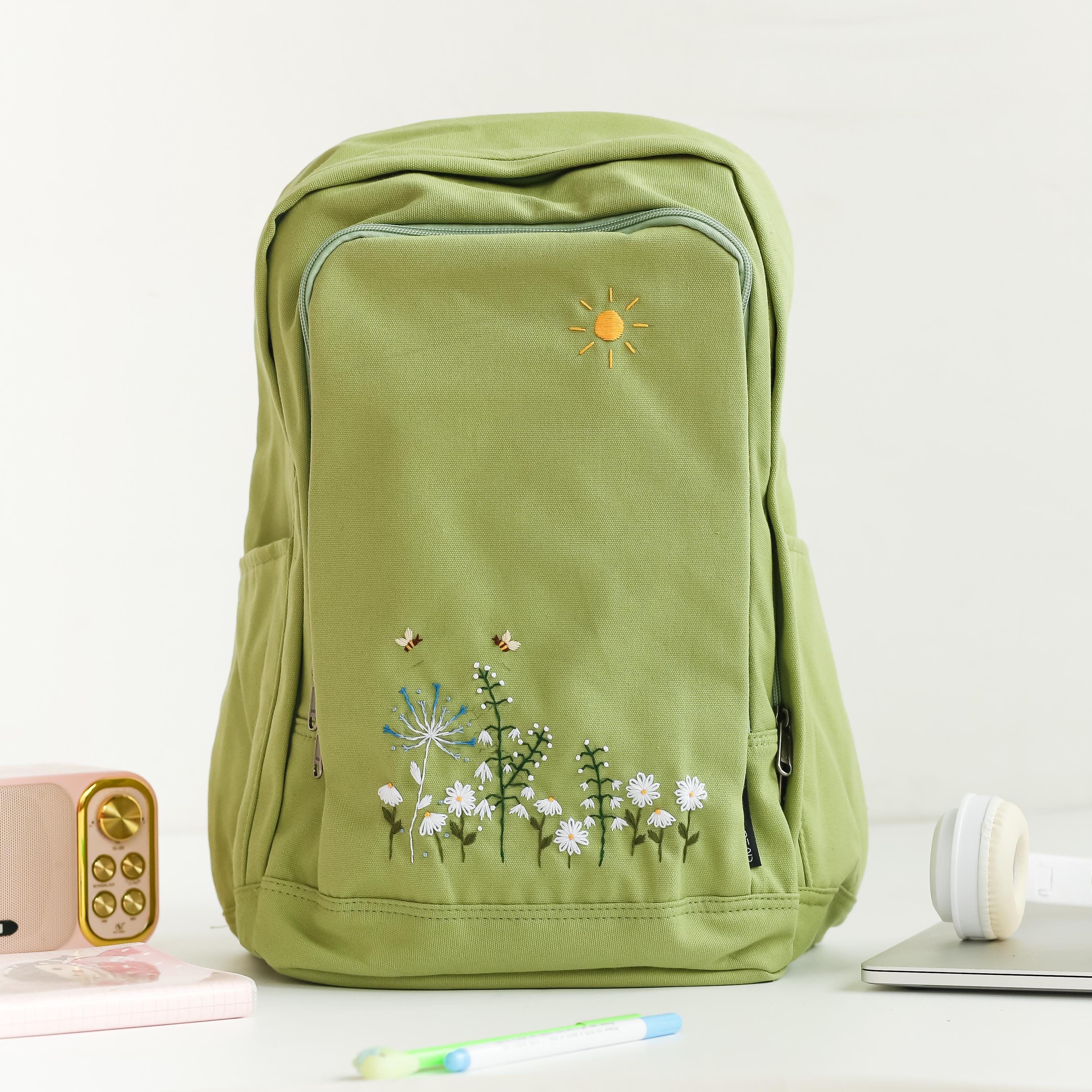 Pastel Green Backpack Embroidered Wildflower Garden With Bees ...