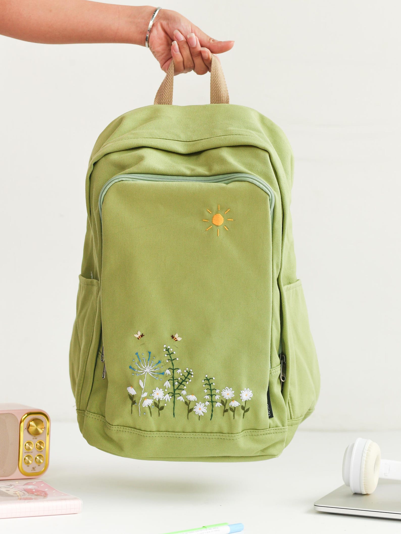 Pastel Green Backpack Embroidered Wildflower Garden With Bees ...