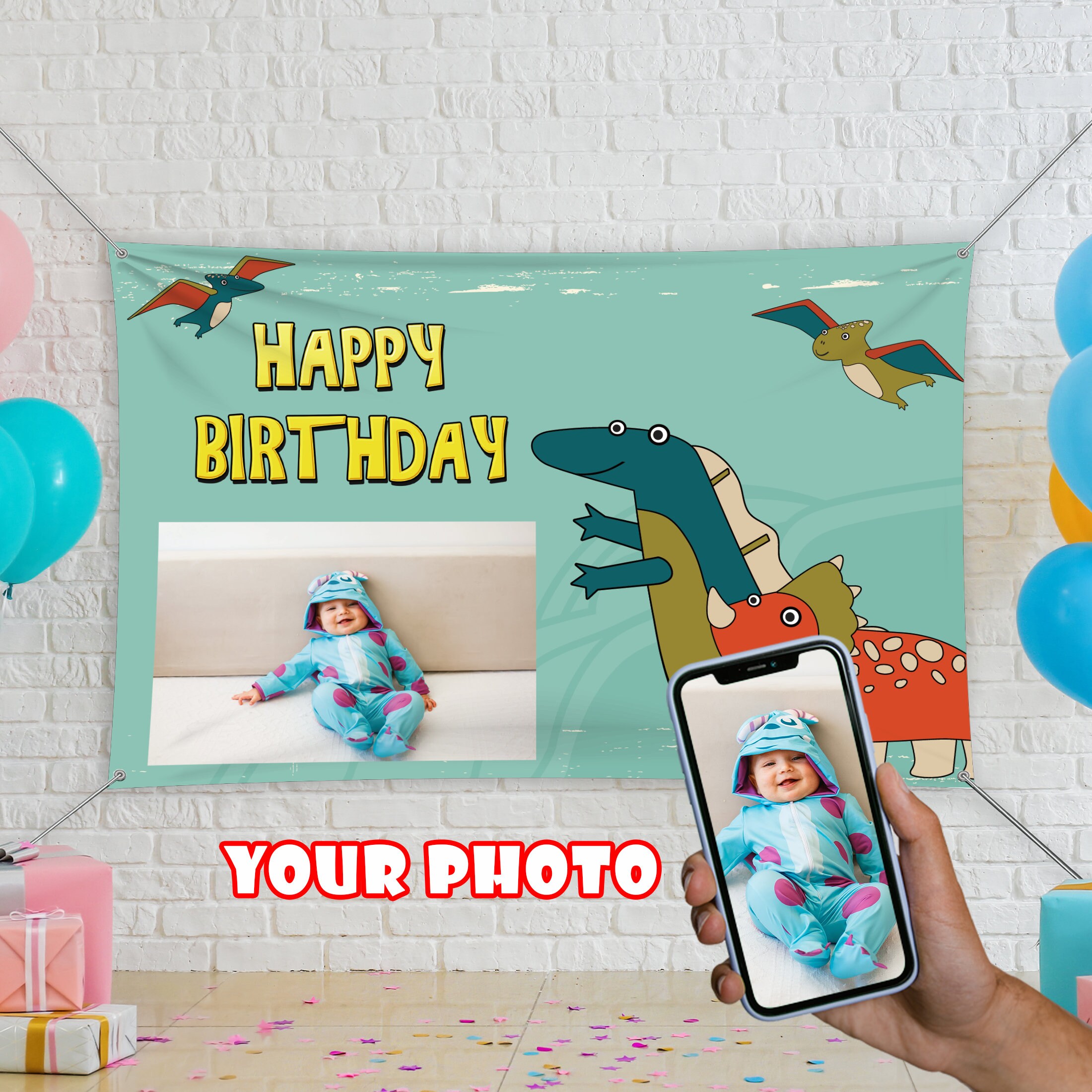 Custom Kids Birthday Banner, Custom Photo Banner, Dinosaur Birthday ...