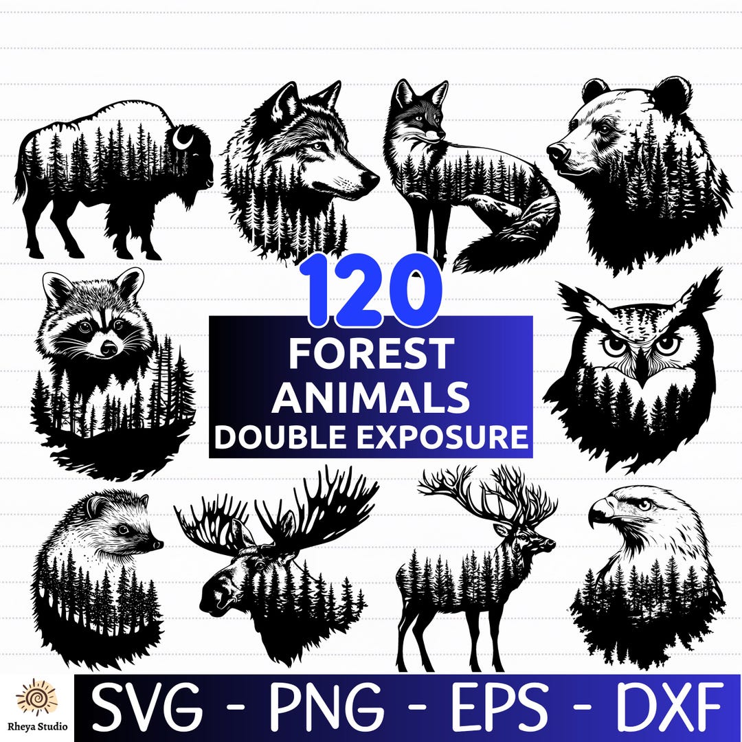 120 Forest Animals SVG Bundle | Double Exposure Wildlife Cut Files ...