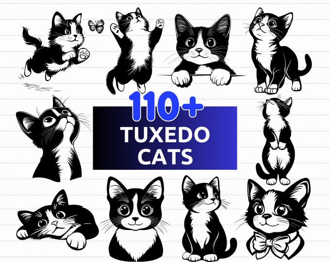 110 Cat Silhouette Bundle #1 W/commercial Use, Black and White, 55 ...