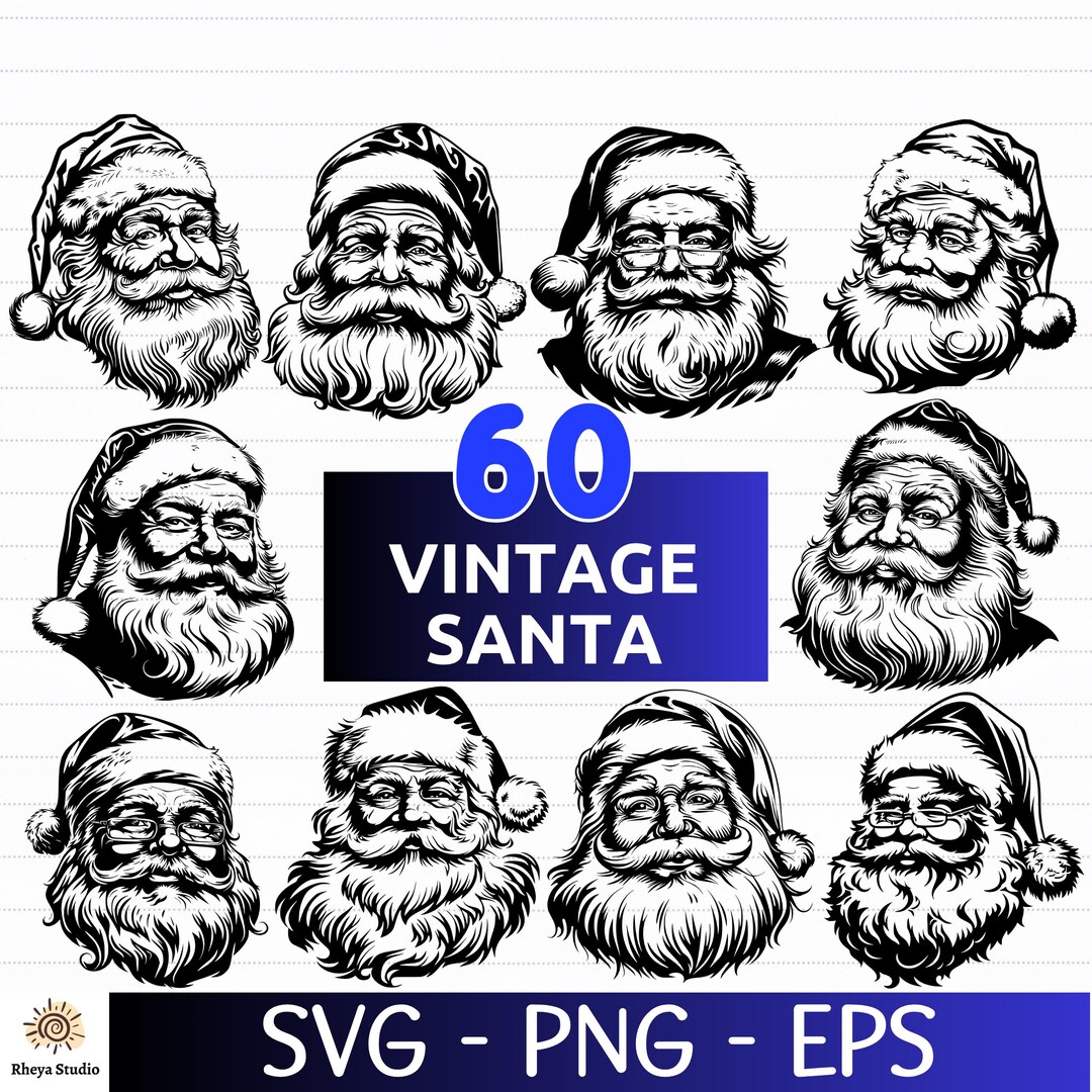 60 Vintage Santa Head SVG Bundle, Father Christmas SVG, Retro Santa SVG ...