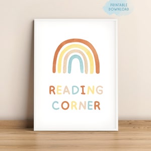 Rainbow Reading Corner Sign, Watercolor Printable Wall Art, Boho Kids ...