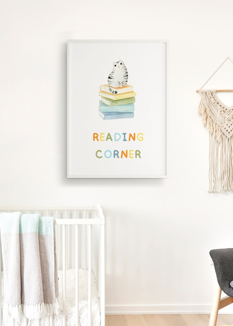 Reading Corner Sign Cute Cat With Rainbow Books Print - Etsy