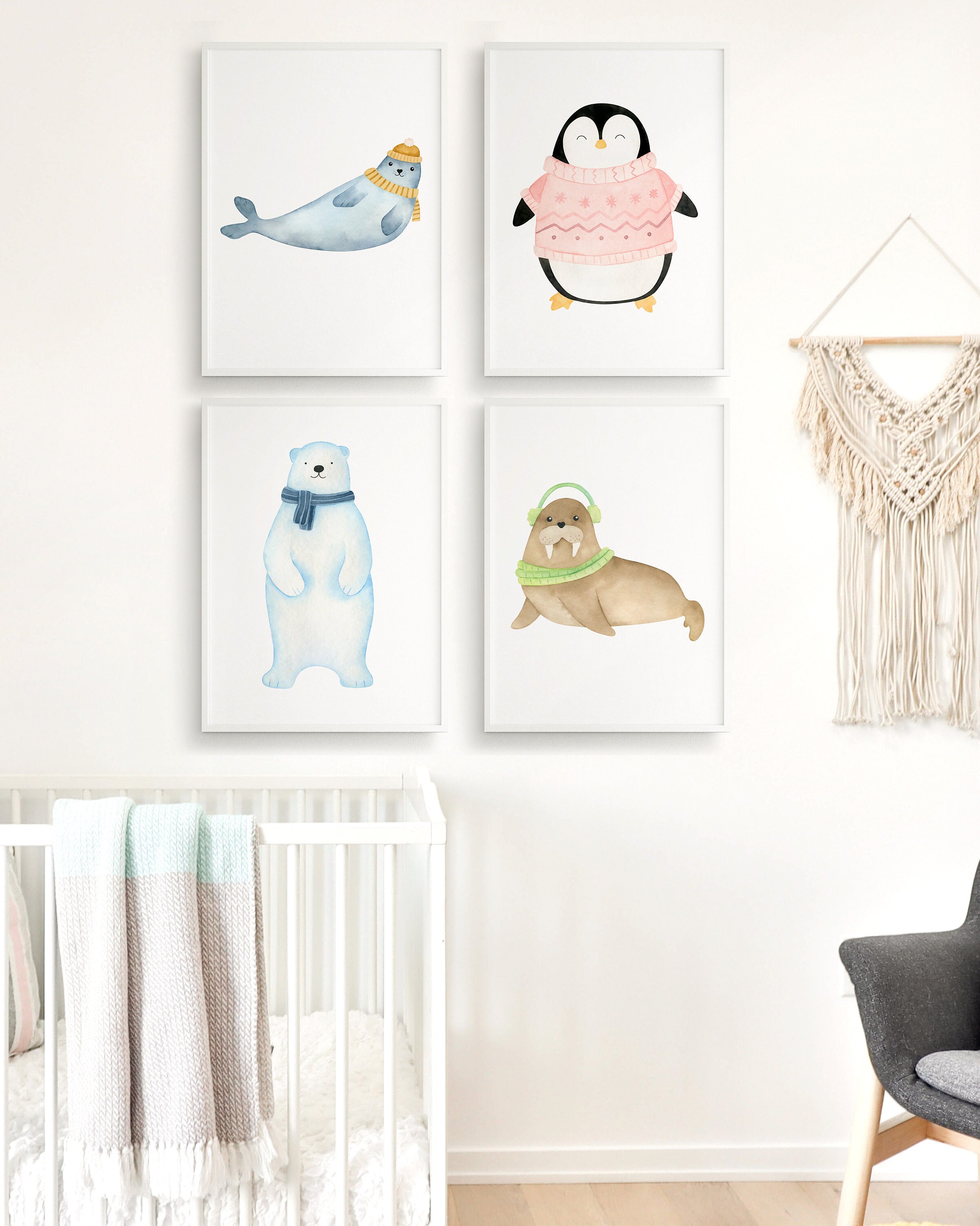 Polar Animals Nursery Prints, Set of 4 Winter Animals Wall Art, Kids ...