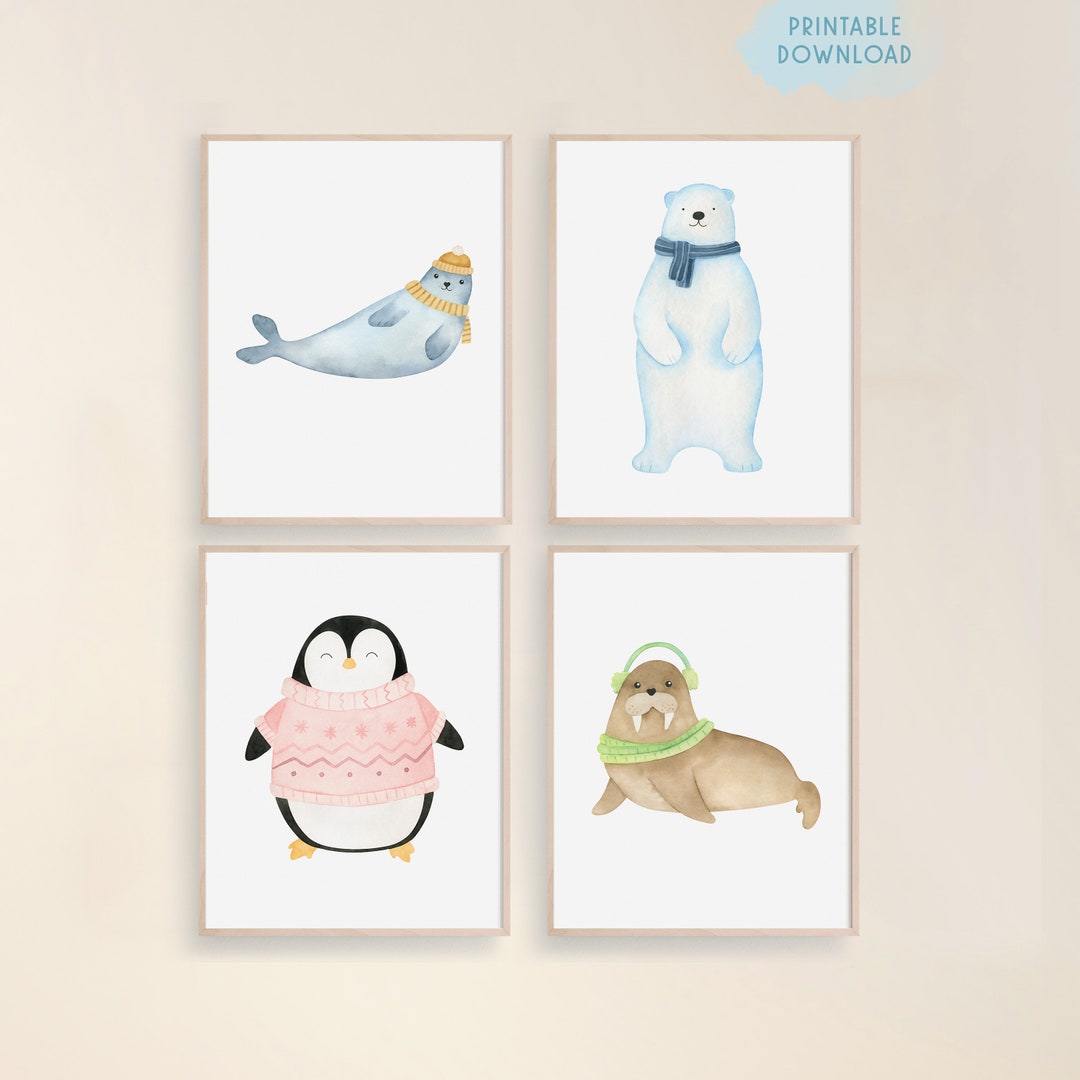 Polar Animals Nursery Prints, Set of 4 Winter Animals Wall Art, Kids ...
