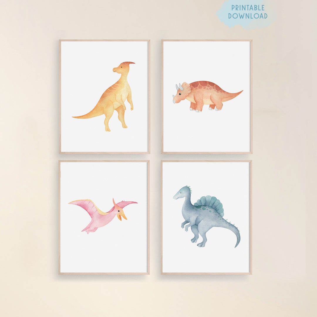 Set of 4 Prehistoric Animals Wall Art, Kids Playroom Decor, Dinosaurs ...