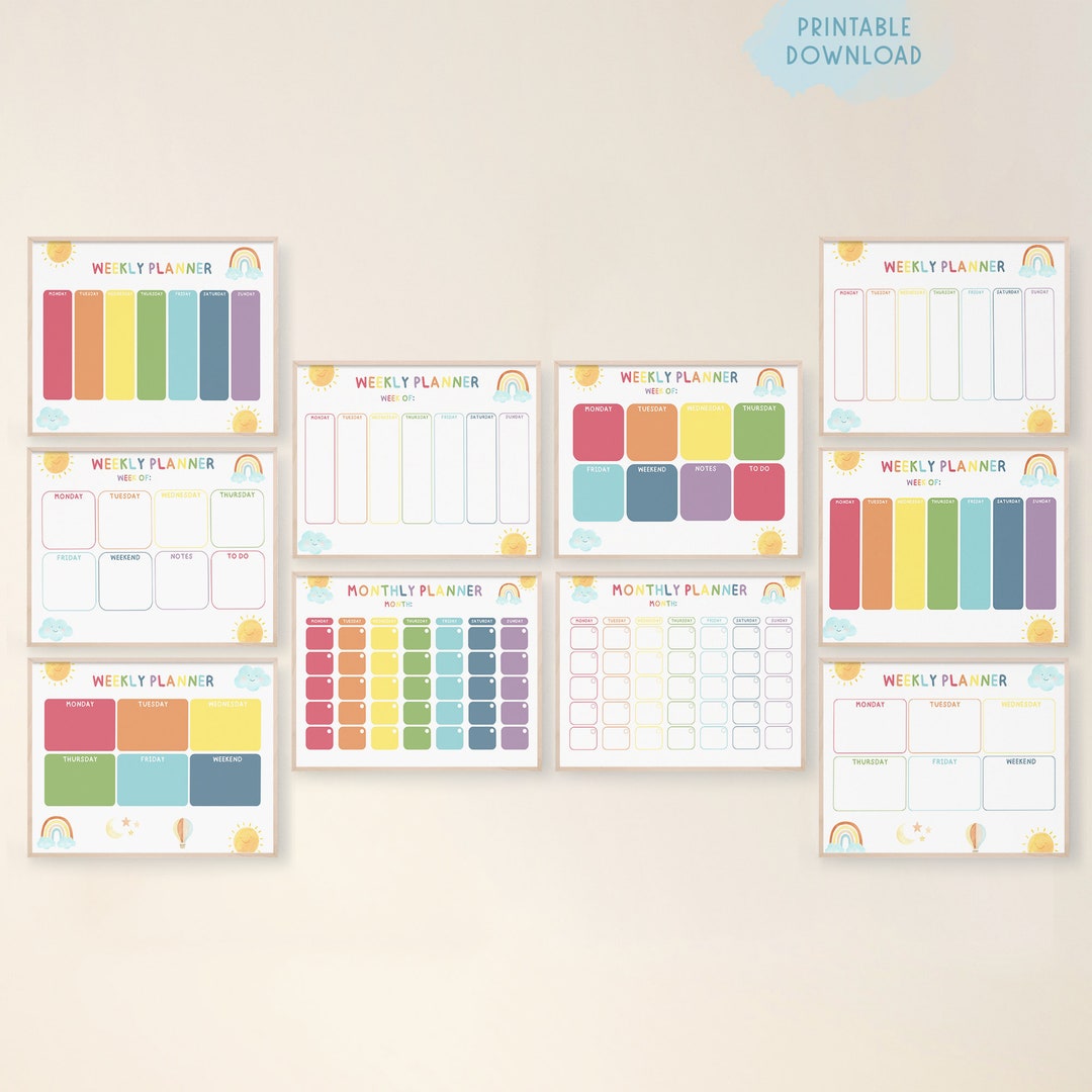 Kids Rainbow Weekly Calendar Bundle, Colorful Daily Planner, Homeschool ...