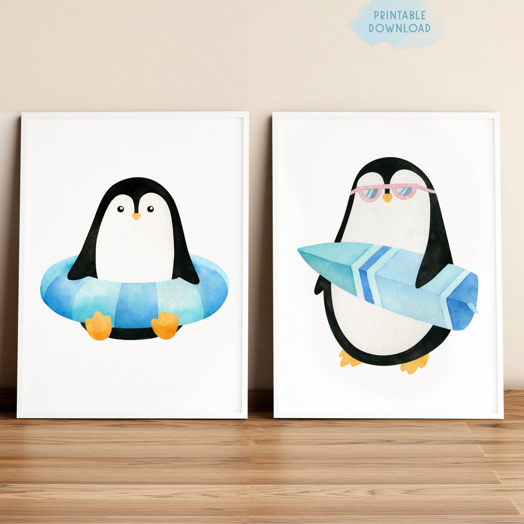 Set of 2 Printable Posters, Pool Tube, Beach Penguins, Summer Vibes ...