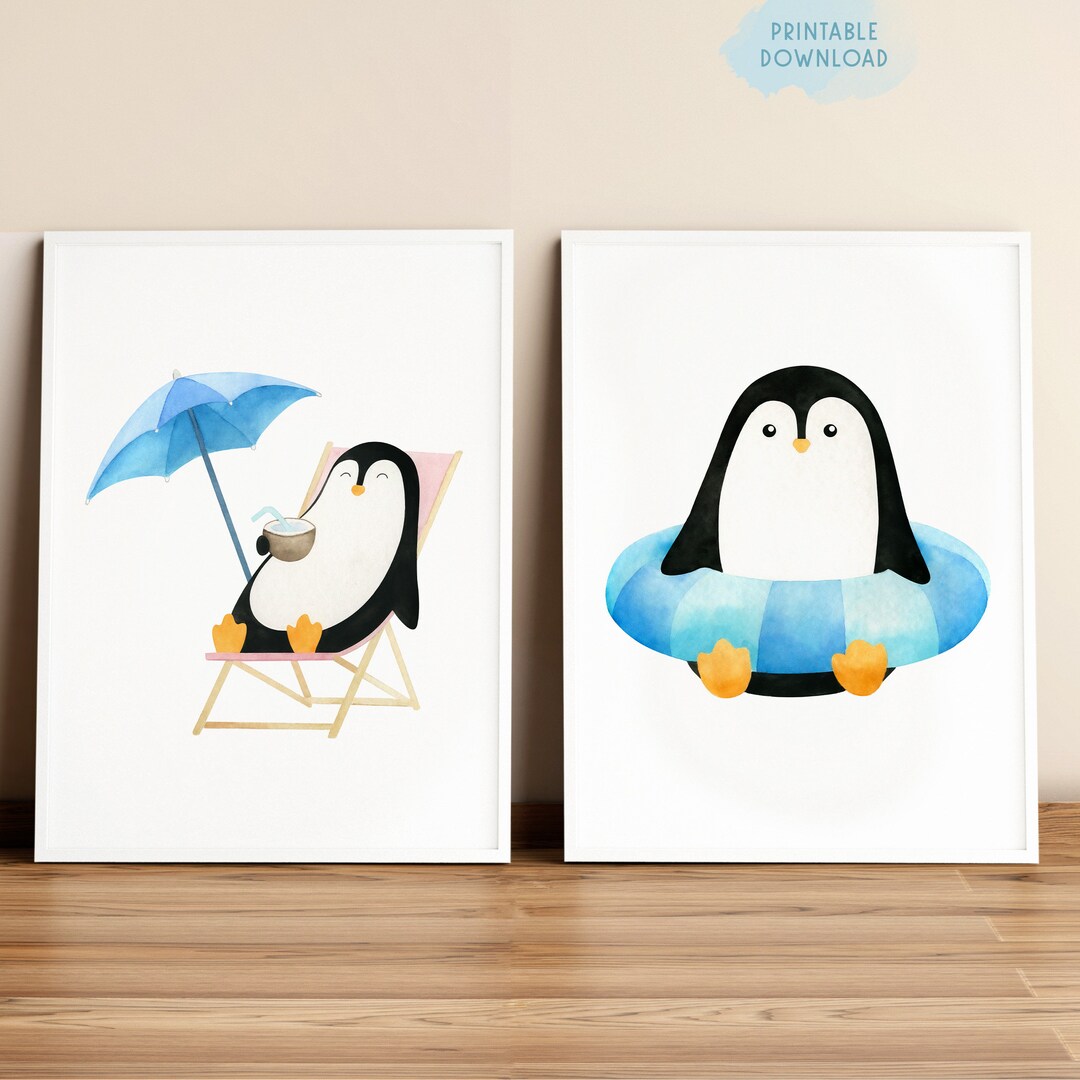 Set of 2 Printable Posters, Penguin on Vacation, Summer Beach Vibes ...