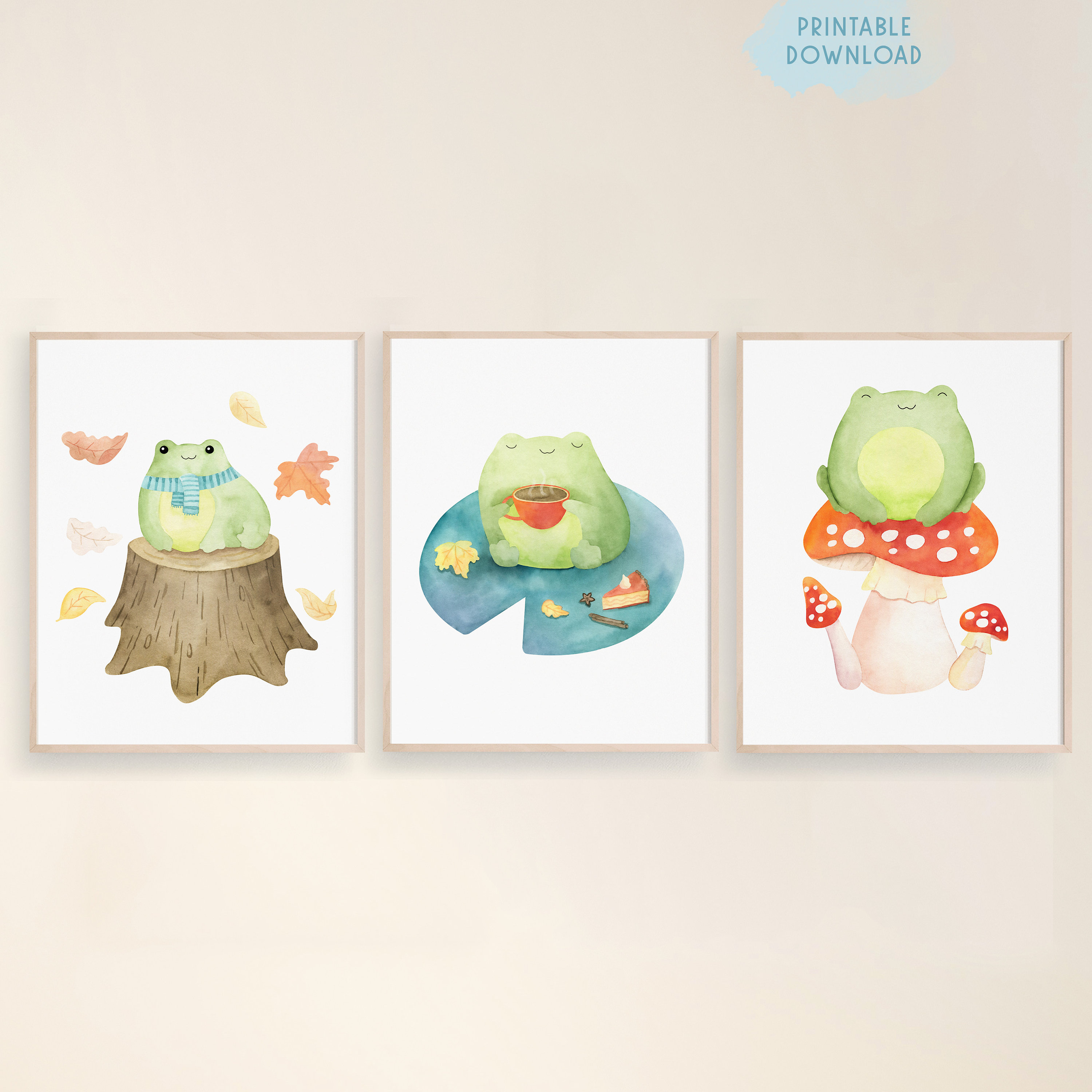 Green Frog Wall Decor, Set of 3 Nursery Room Prints, Autumn Kids Poster ...